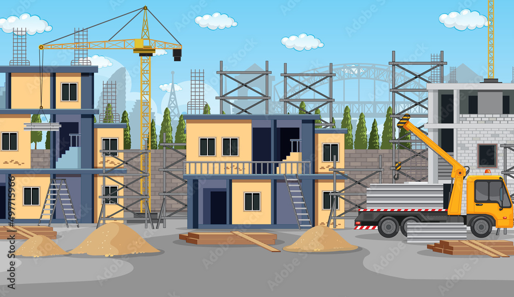 Cartoon scene of building construction site Stock Vector | Adobe Stock