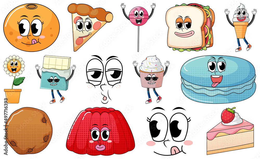 Set of facial expression with vintage style food cartoon on white ...