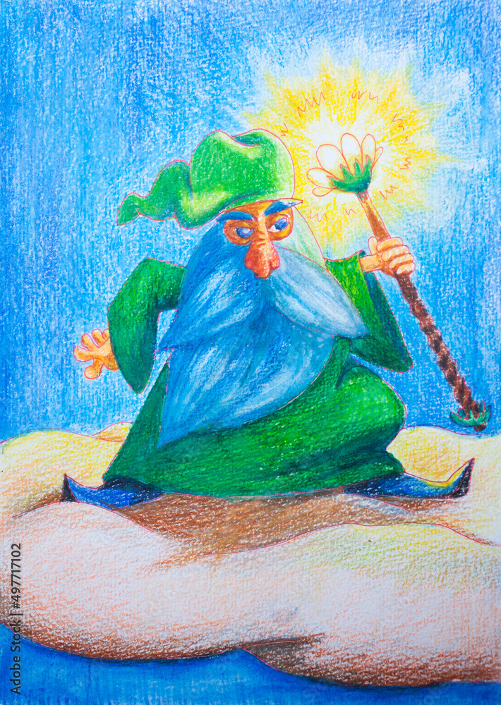 hand drawn colour pencil drawing with a wizard holding magic wand with ...