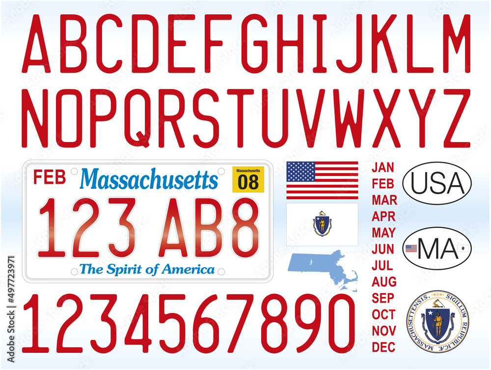 Massachusetts state license plate car pattern, numbers, letters and ...