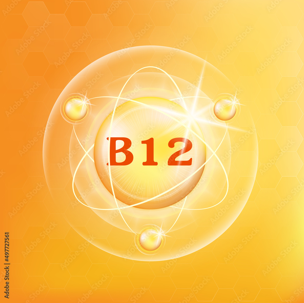 Vitamin B12 icon structure. Golden substance 3D Vitamin complex with ...