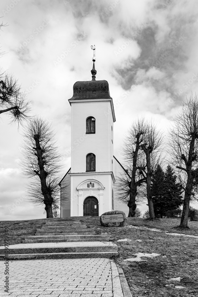 Low angle vertical monochrome photo of St. Catherine's Lutheran Church ...