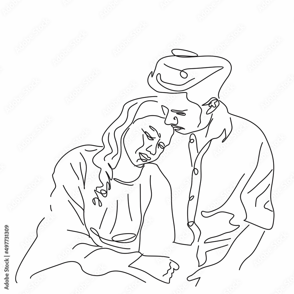 Vector illustration of the lineart hugging a reclining couple. One line ...