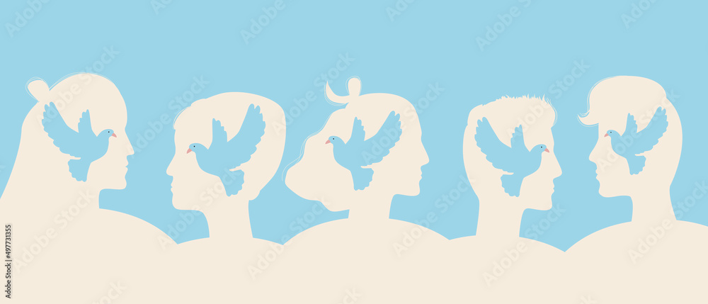 People with dove as symbol of peace, flat vector stock illustration ...