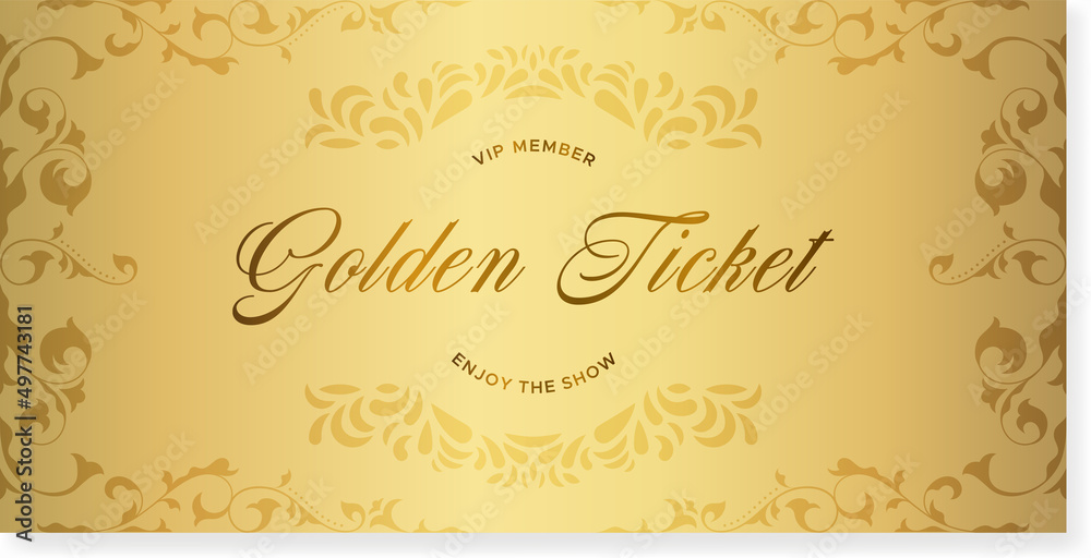 Golden ticket. Vector premium ticket template on golden background. For ...