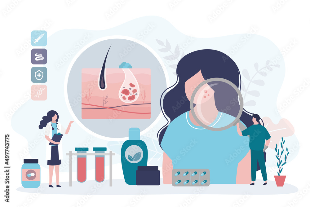 Dermatologist examining patient skin with magnifying glass. Team of ...
