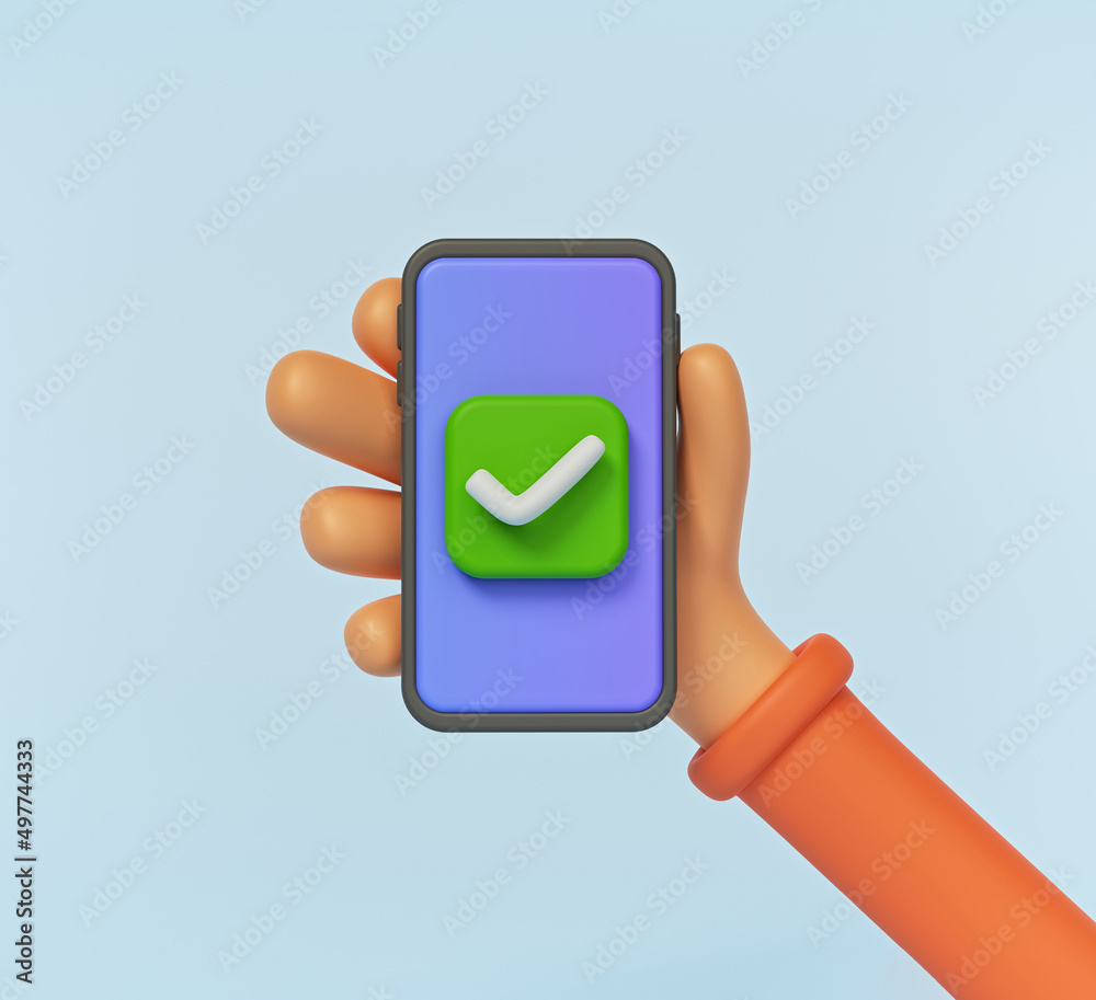 3d render. hand holding phone and Check mark icon. Tick on smartphone ...