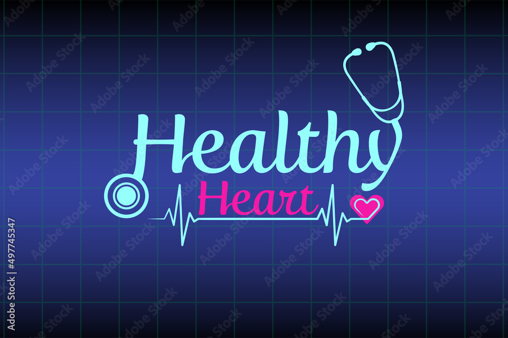 Healthy heart text stethoscope icon vector on blue medical monitor ...
