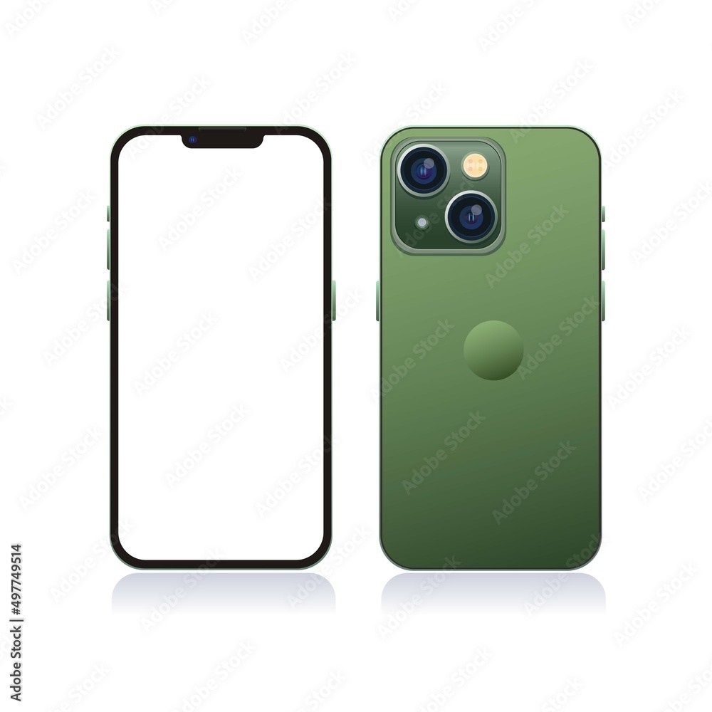 Apple iPhone 13 front and back in green color mockup template ...