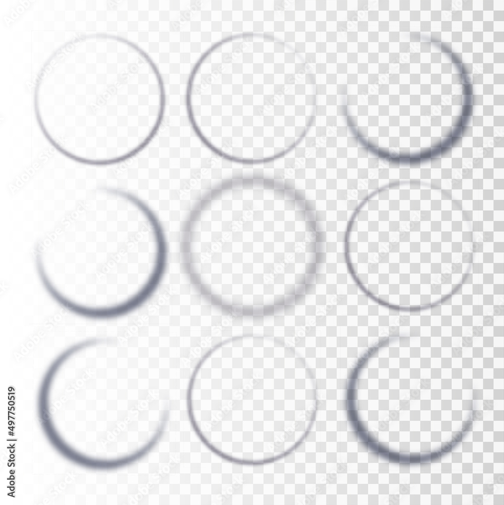 Realistic round shadow with soft edges. Gray round shadows isolated on transparent background ...