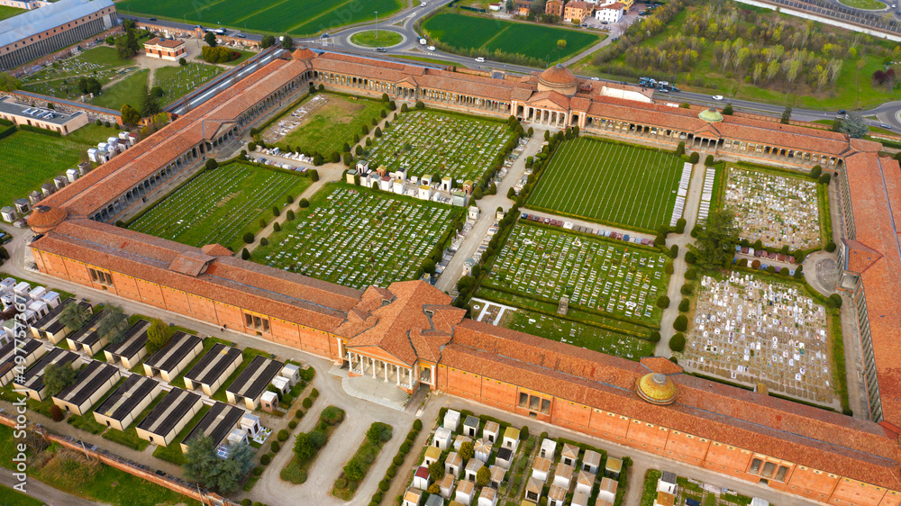Aerial view of the cemetery of San Cataldo, in Modena, Italy. The ...