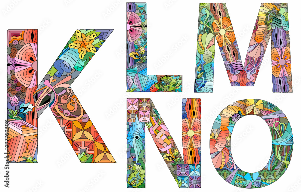Vector of hand drawn set of Alphabet from K - O in Zentangle style ...