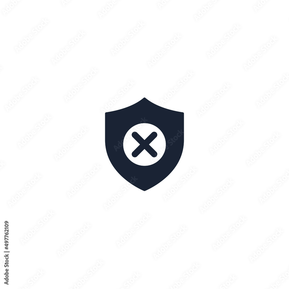 Soiled black shield shape icon with insecure crossmark x, simple ...