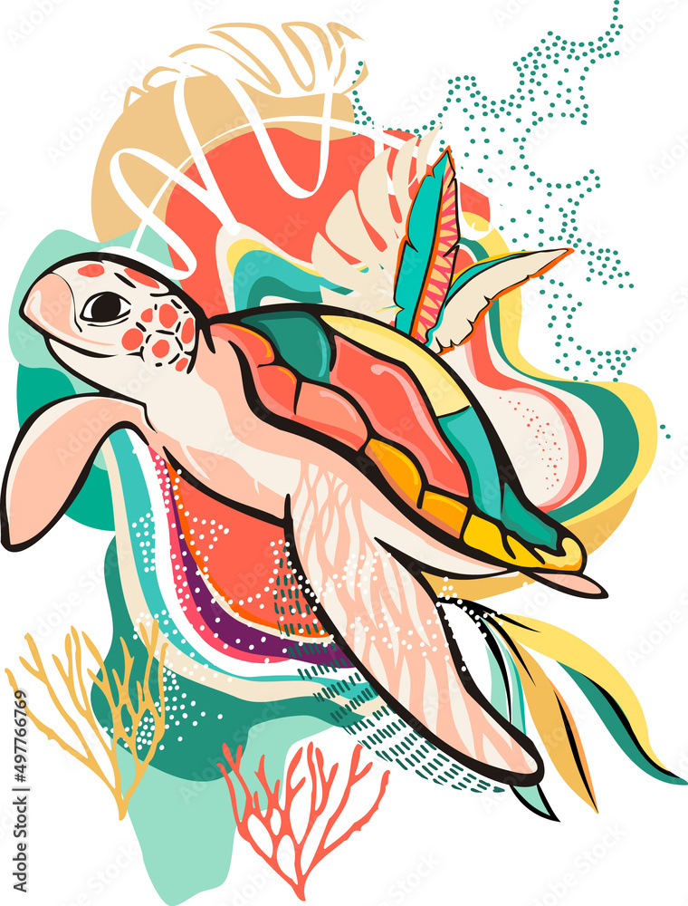 drawing of a funny turtle decorated with tropical leaves and minimalist ...