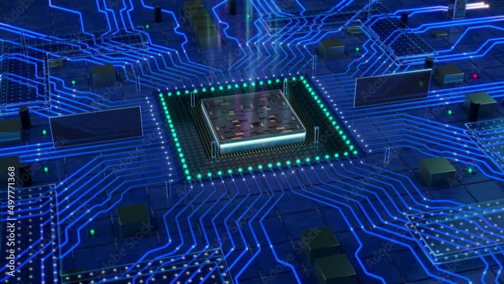 Technology CPU background. Digital lines move data from the chip ...