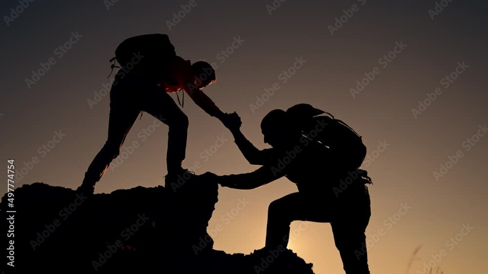 Family team success.Silhouette of group people.Climb to the top of ...