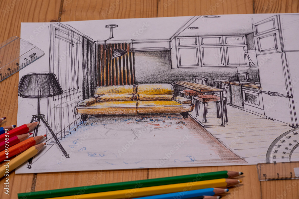 The photo shows sketches, a design project drawn with pencils on a ...