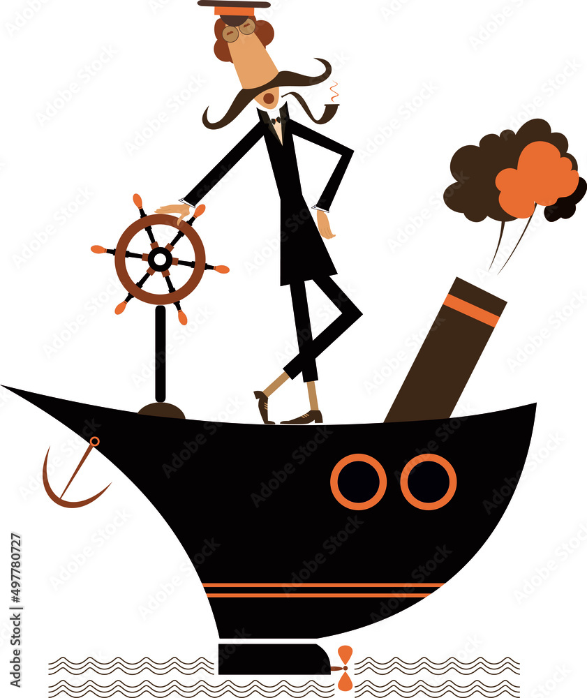 Cartoon mustache captain of the ship. Brave captain with a pipe ...