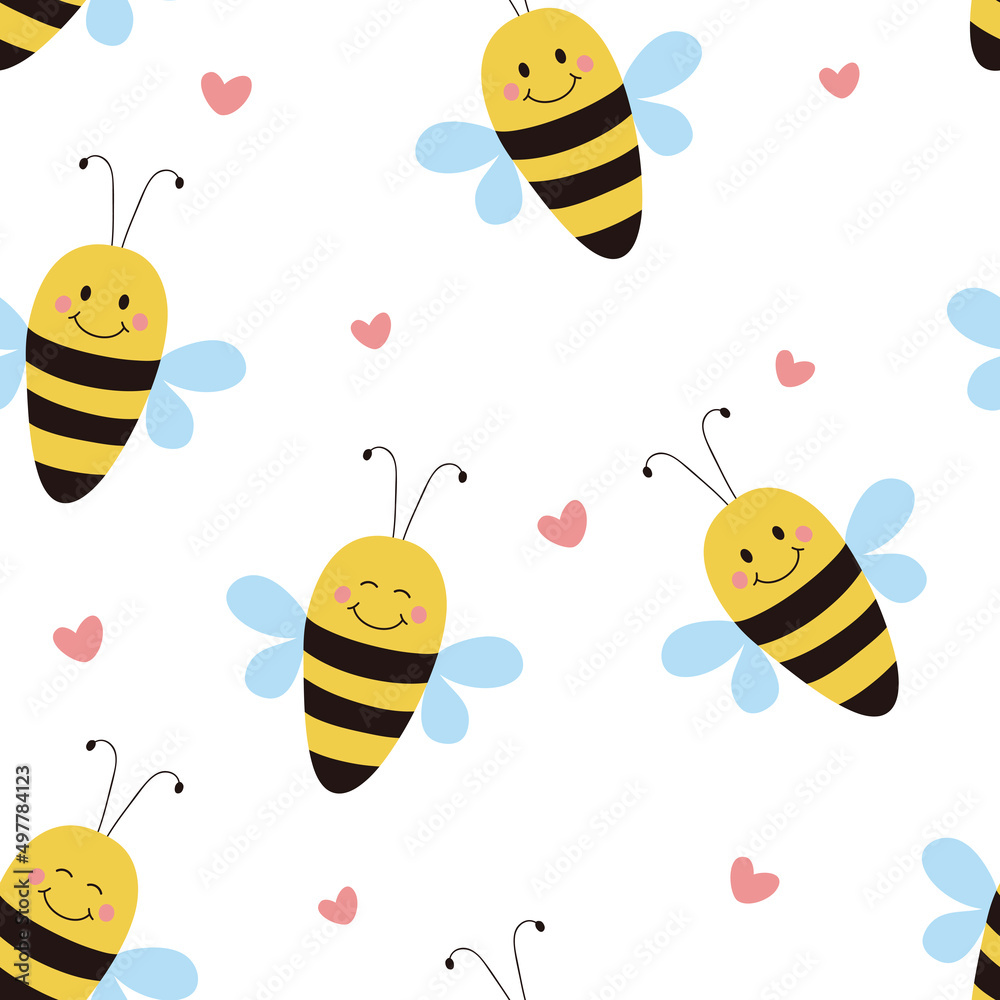 Cute seamless bee pattern. Childish texture with smiling bees and ...