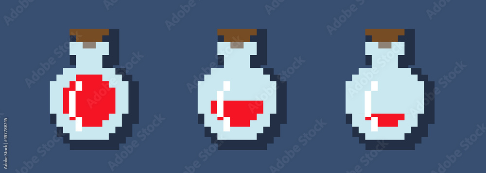 Elixir of health or mana. Pixel icons for video games. Vector clipart ...