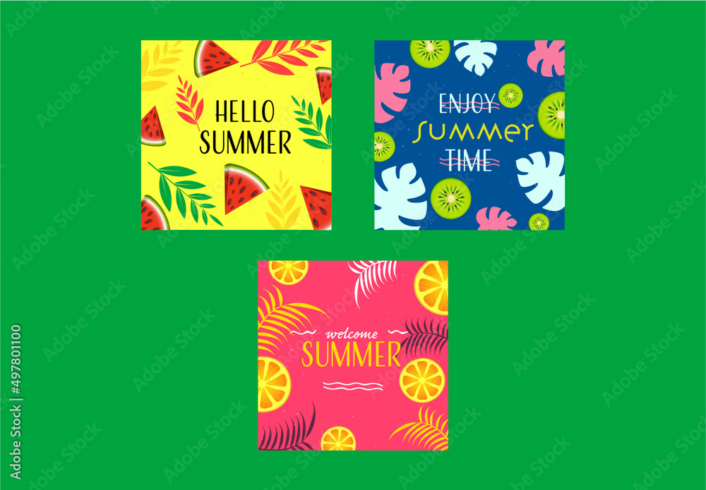 Set of Summertime Poster Design Decorated with Fruits and Tropical ...