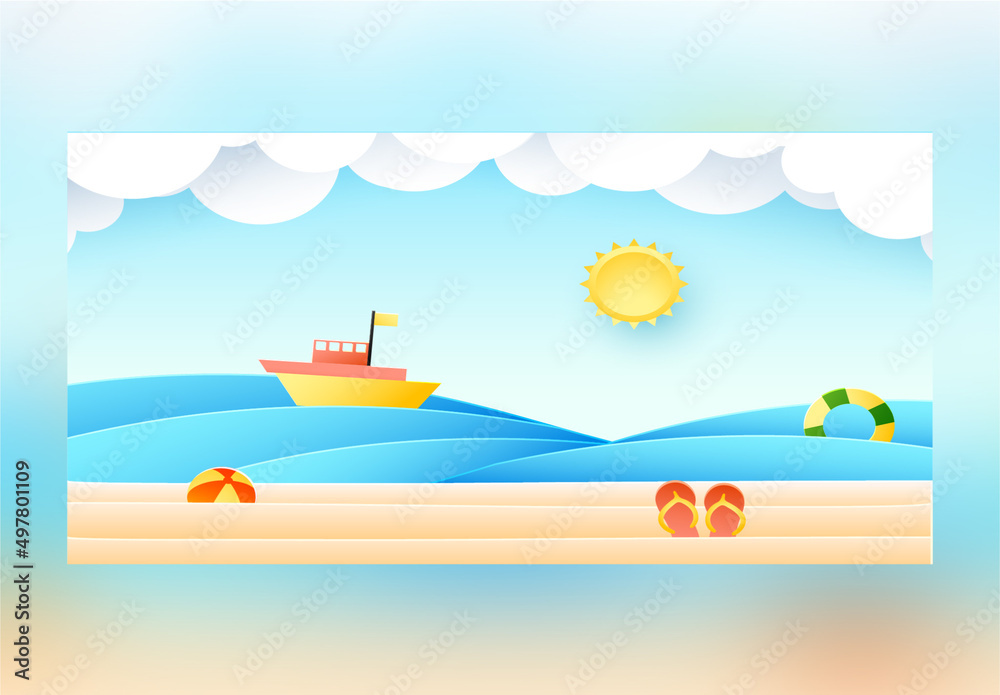 Paper Cut Beach Background with Sun Ship Ball Slipper and Swimming Ring ...