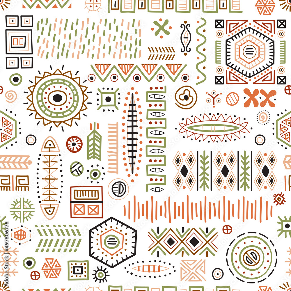 Abstract African art shapes seamless background, tribal geometric ...