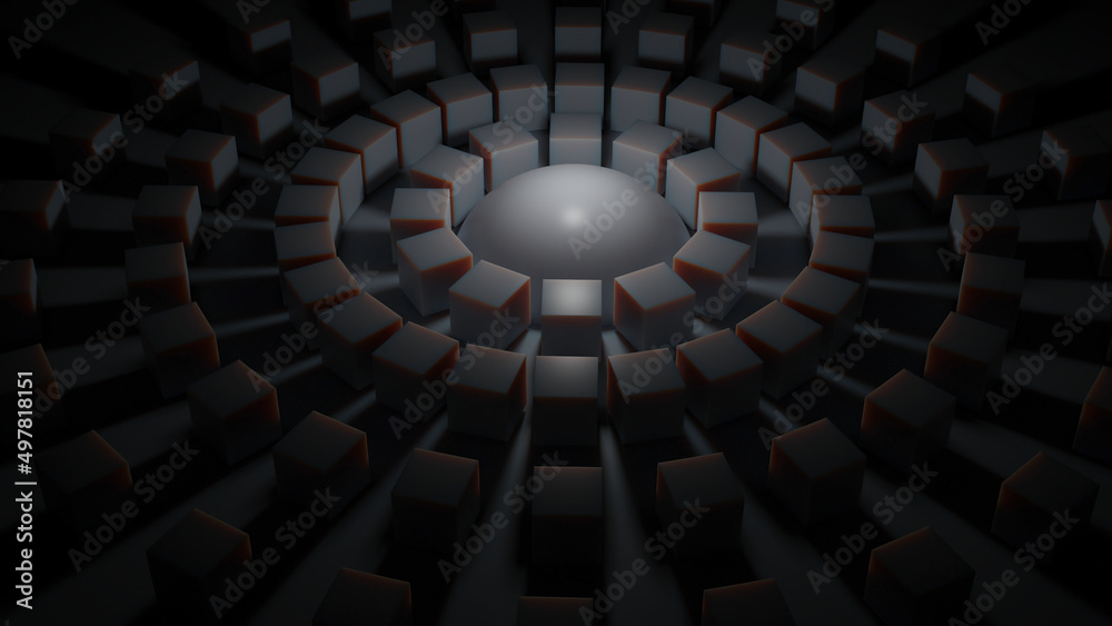 Rings of cubes rotate around circle. Design. 3D animation of rotating ...