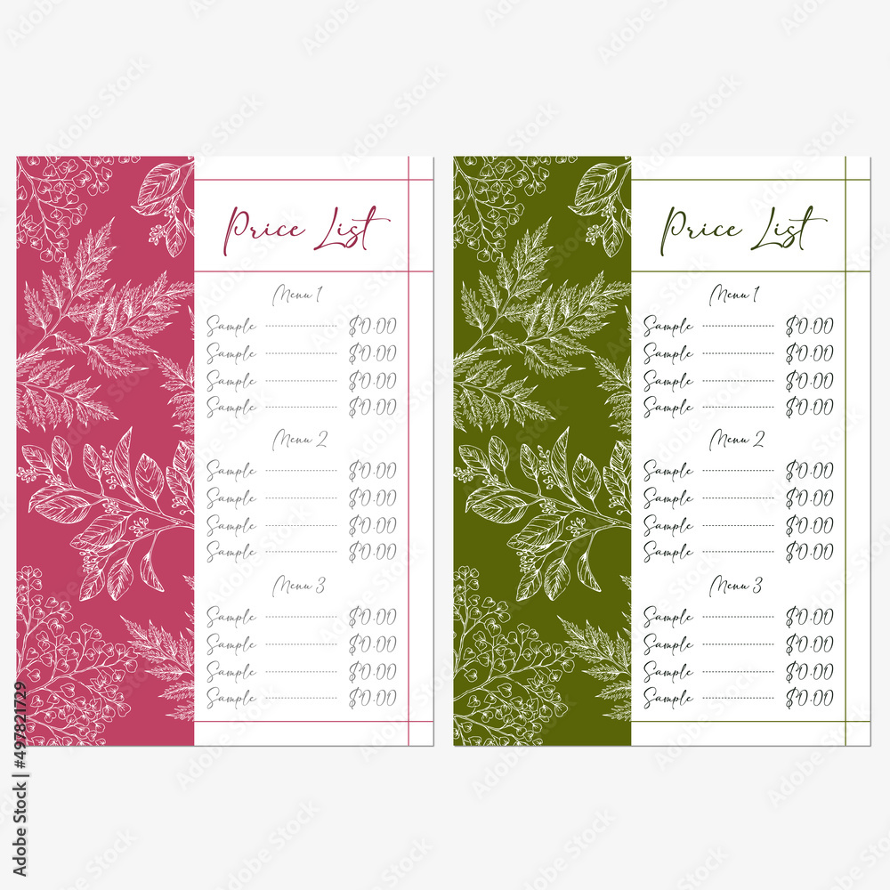 set of price list template designs with hand drawn illustration of ...