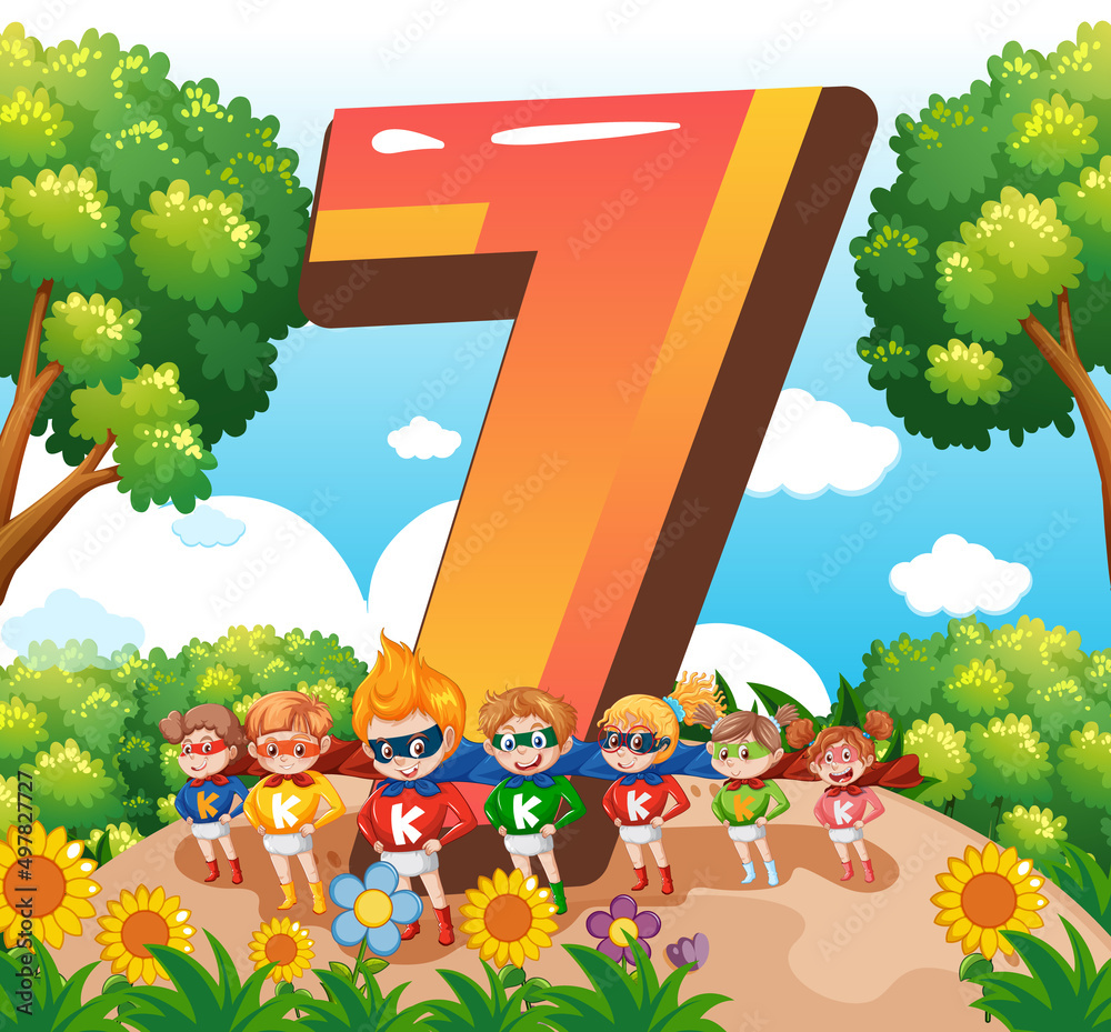 Seven kids with number seven cartoon Stock Vector | Adobe Stock