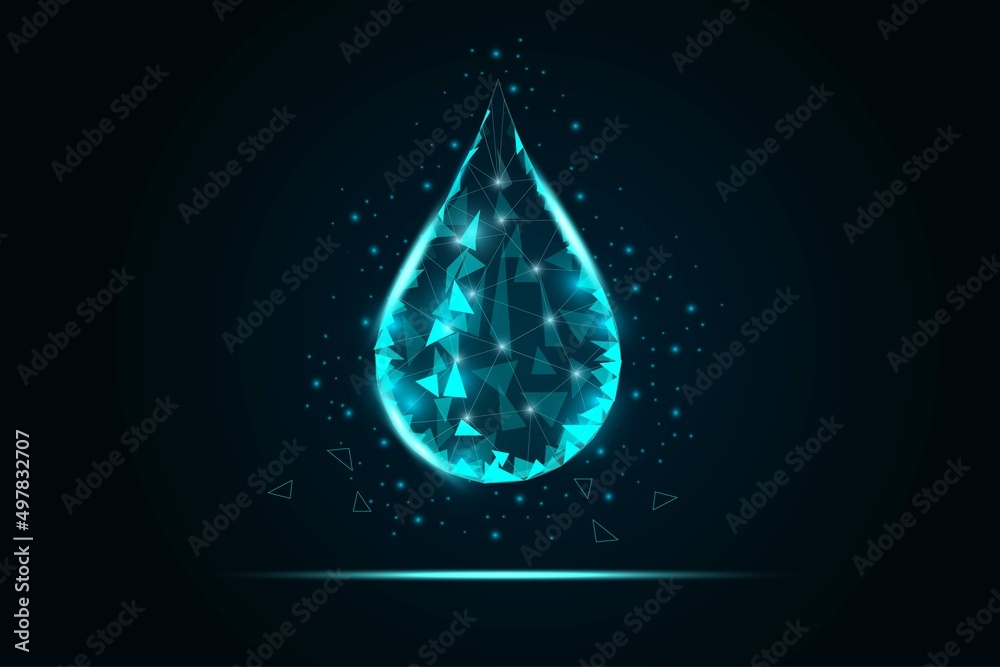 water drop with low poly wireframe with dots and stars. Fresh aqua or ...
