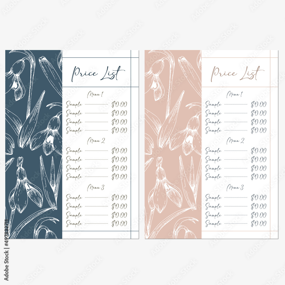 set of price list template designs with hand drawn illustration of ...