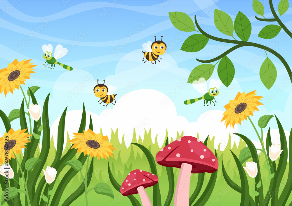 Beautiful Garden Cartoon Background Illustration With Scenery Nature of ...