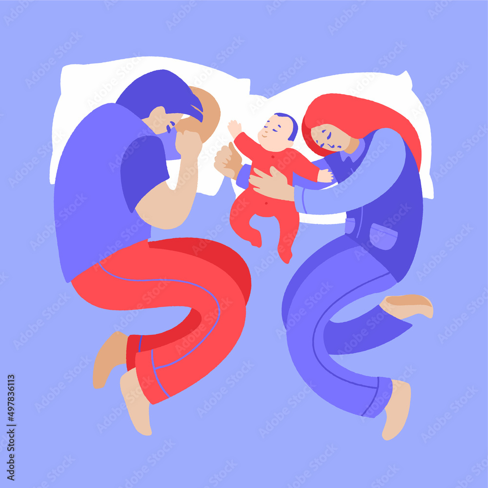 Happy family nap. Mother, father and baby sleeping together on bed top ...