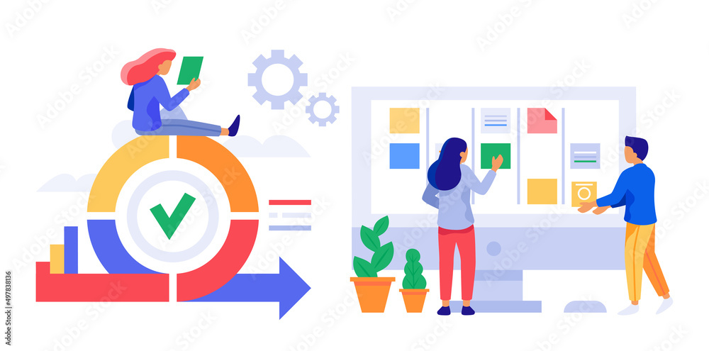 Kanban project management. Cartoon man and women working together in ...