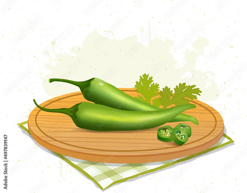 Green Chilli vegetable vector illustration with coriander leaves on a ...