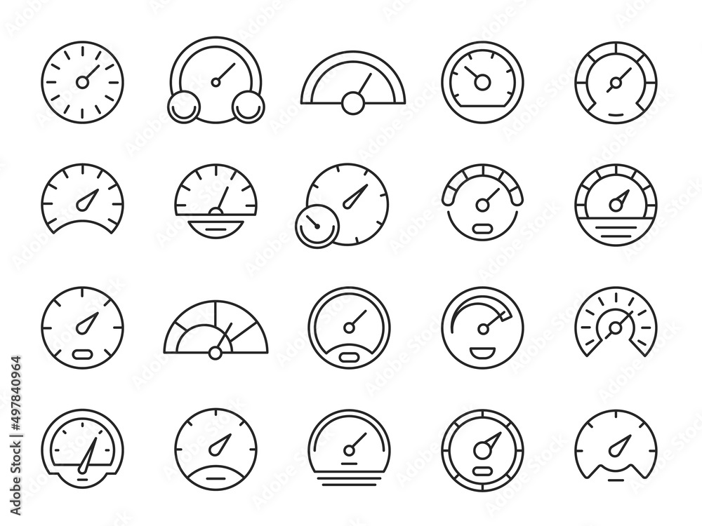 Speedometer line icons. Loading and downloading speed indicator ...