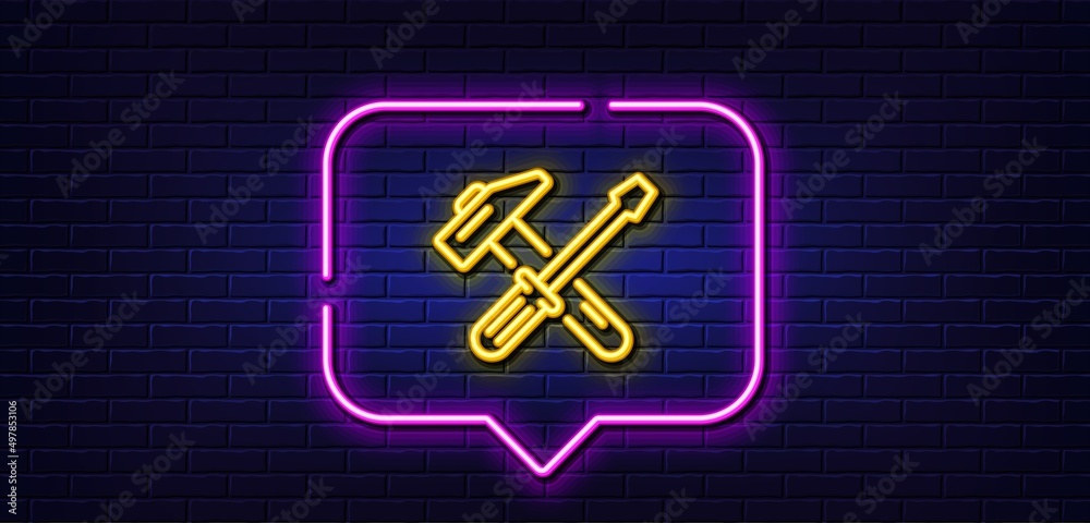 Neon light speech bubble. Hammer and screwdriver line icon. Repair ...