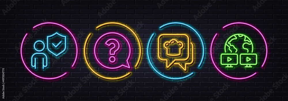 Security, Question mark and Cooking hat minimal line icons. Neon laser ...