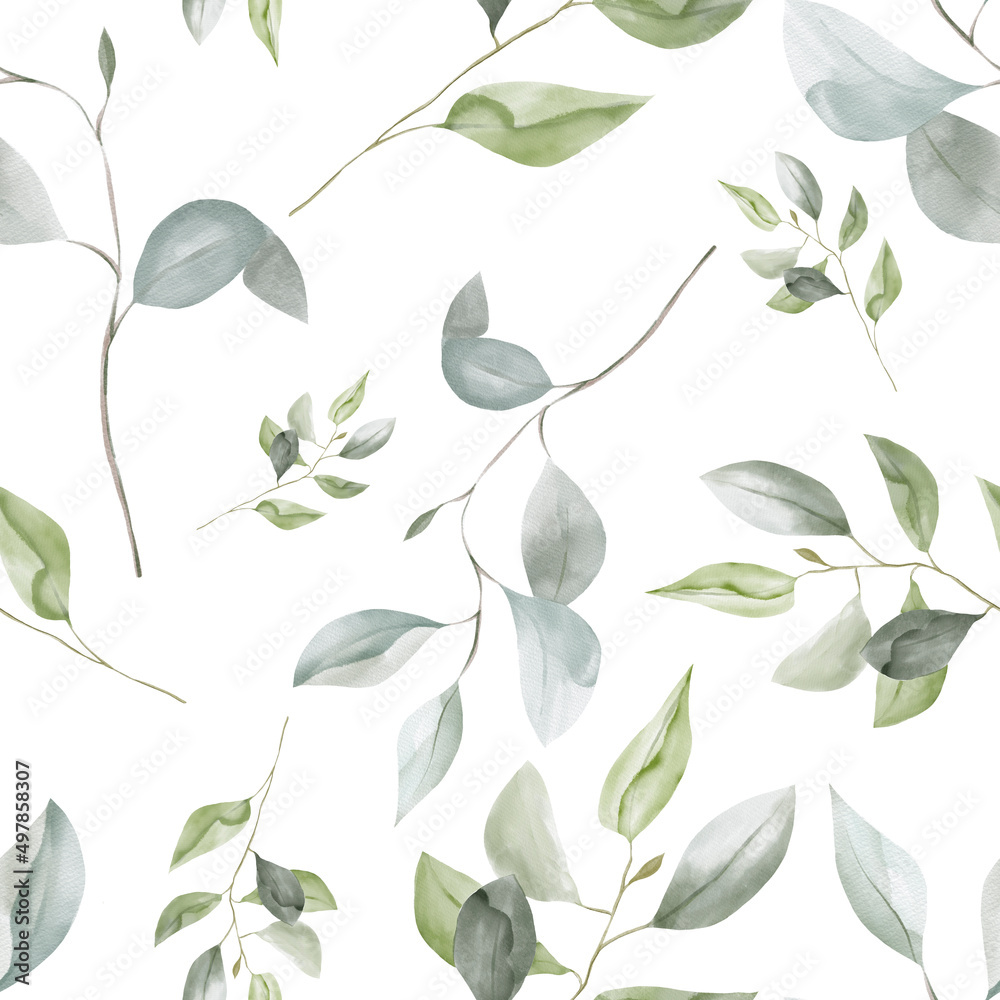 Photo & Art Print Watercolor eucalyptus seamless pattern on white background, greenery fabric ...