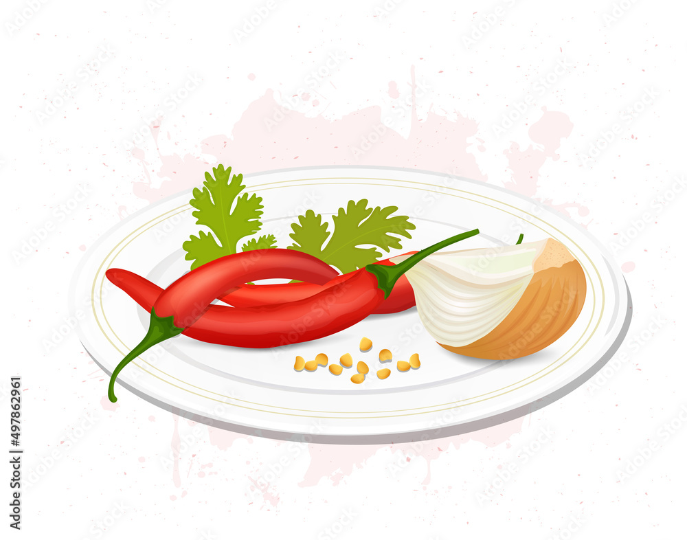 Red chilli vegetable vector illustration with coriander leaves on white ...