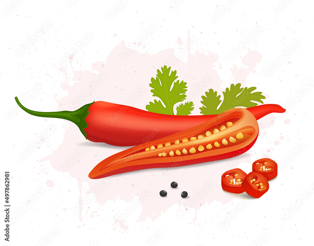 Red chilli vegetable vector illustration with half piece of red chilli ...