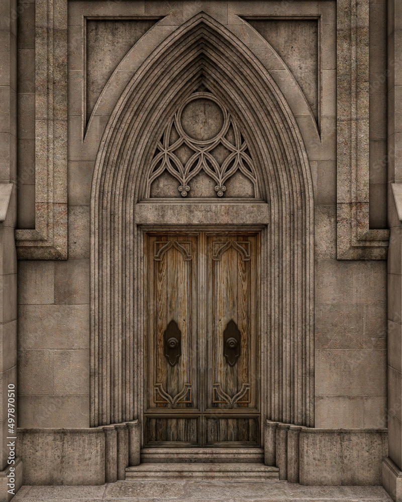 Gothic stone arch around old wooden door entrance to church or large ...