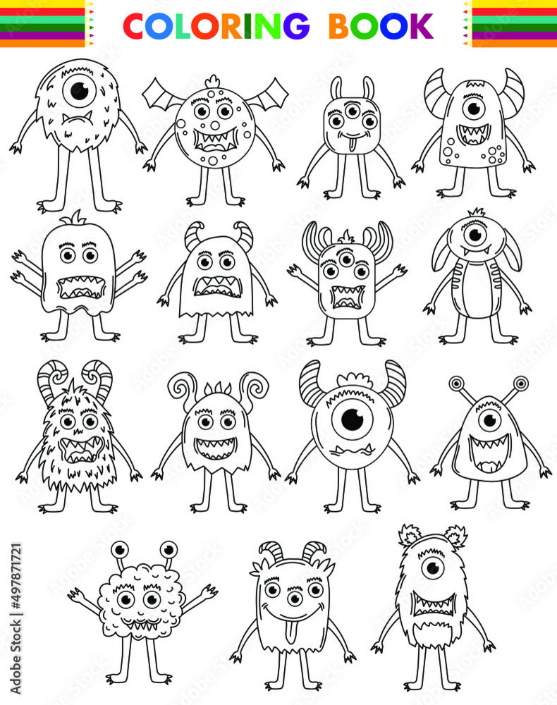 Vector set of cute monsters. Funny line hand-drawn aliens for coloring ...