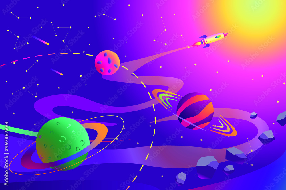 Vector image. Space, planets with orbits. Stars and meteorites. Rocket ...
