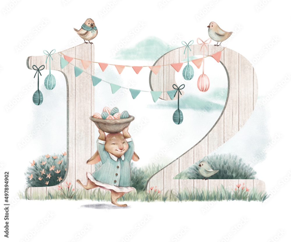 Number twelve with wooden texture, floral elements, flowers, bunny ...