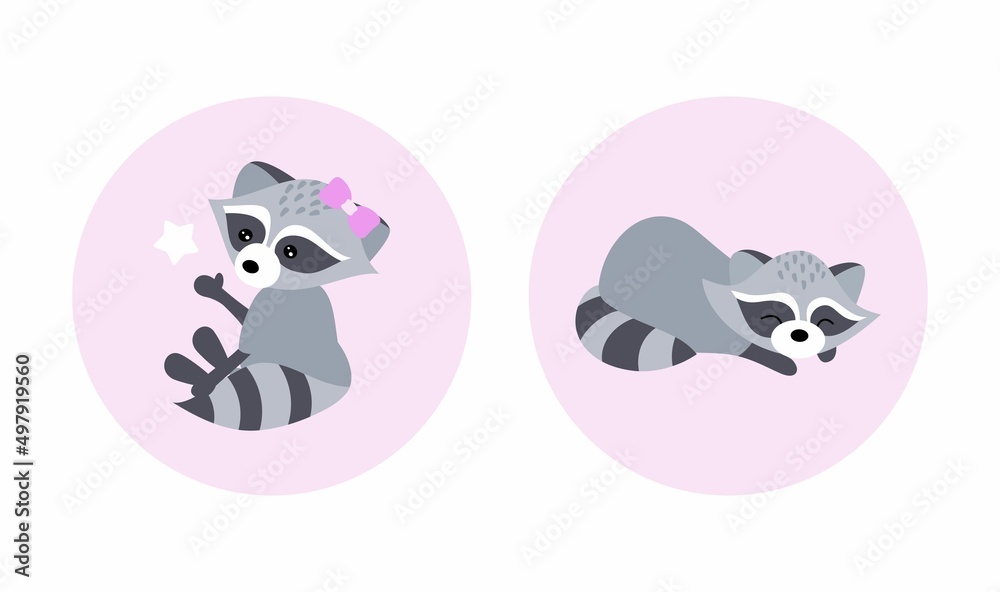 Vector posters for girls room. Cute cartoon raccoons on a pink ...