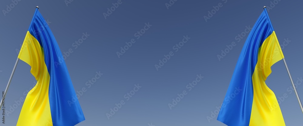 Two flags of Ukraine on flagpoles on sides on a blue background. Place ...