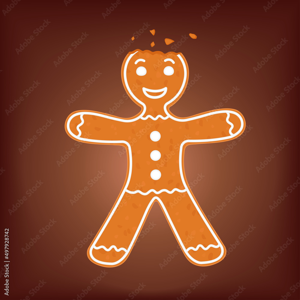 Cartoon gingerbread man with bite missing on head. Funny Christmas ...