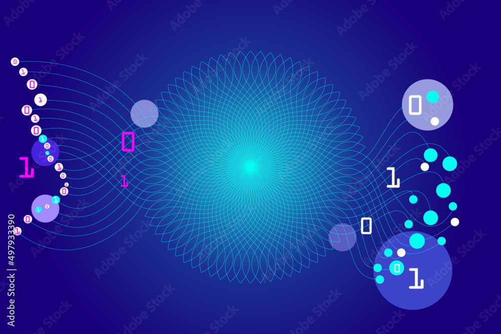 Vecteur Stock Binary code with blue background. Big data background with colorful circles ...